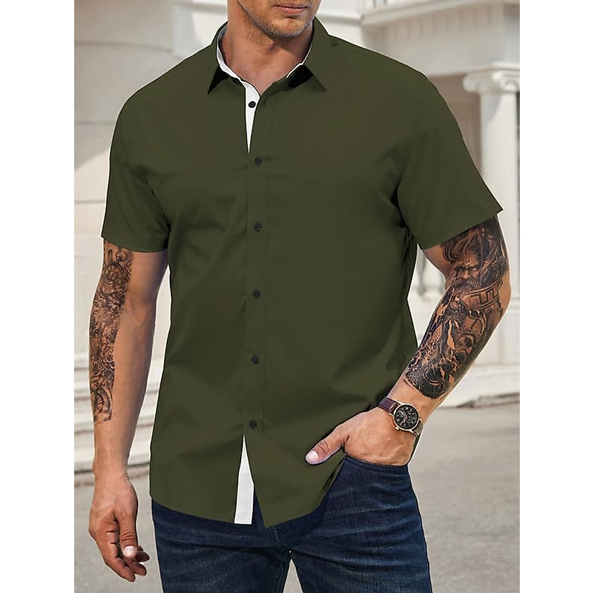 JMIERR Men's Casual Button Down Shirts Wrinkle-Free Short Sleeve Business Muscle Slim Fit Non Iron Dress Shirt for Men, XL, Olive Green