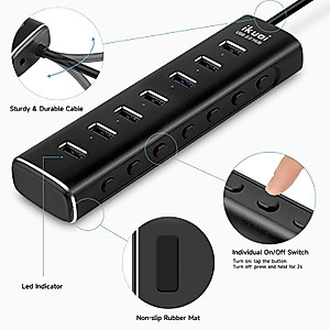 Powered USB 3.0 Hub, ikuai 7-Port 3.0 Data Aluminum USB Hub Splitter with 24W AC Adapter and 3.3ft Extended Long Cable for PC, Laptop, PS4, HDD, Flash Drive