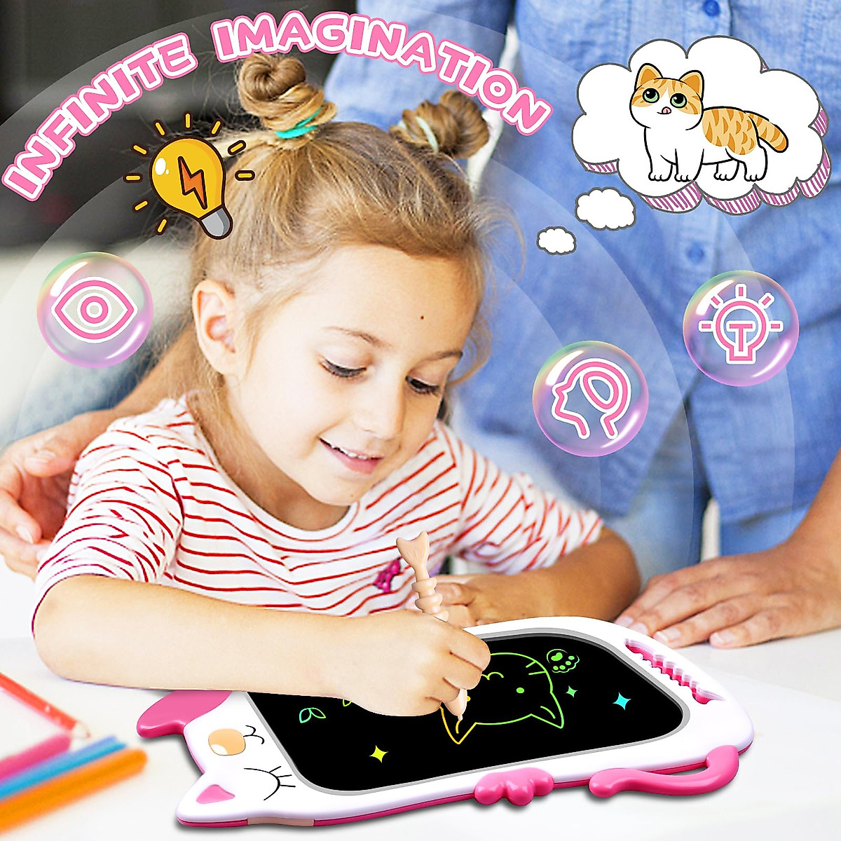 GJZZ Drawing Doodle Board Toys for 3 4 5 6 7 Year Old Girls Boys Gifts, LCD Writing Tablet and Scribble Board Learning Toy for Kids, Birthday Gift for Toddler - Pink White