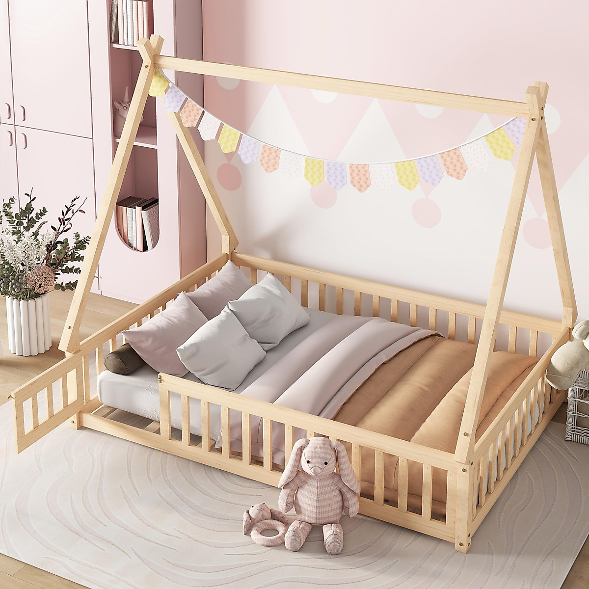 Mirightone Tent Floor Bed for Kids Full Size Montessori Floor Bed with Slats and Guardrails Wood Teepee Bed Frame with Fence and Door for Boys Girls, Natural