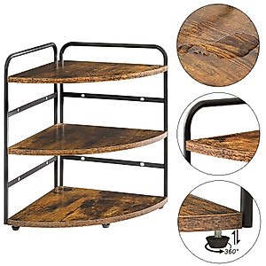 IBUYKE Corner Shelf, Kitchen Counter Organizer, Spice Rack, Bathroom Vanity Trays, 3-Tier Bedside Shelf for Small Spaces,Cosmetic Storage Perfume Holder, Adjustable Height, Rustic Brown, TWJ002H