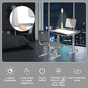 BELANITAS Kids Desk and Chair Set 3-12 Years, Kids School Desk for Kids, Height Adjustable Kids Study Desk with Light, 40-Degree Tiltable Desktop Kid Desk, Space Grey