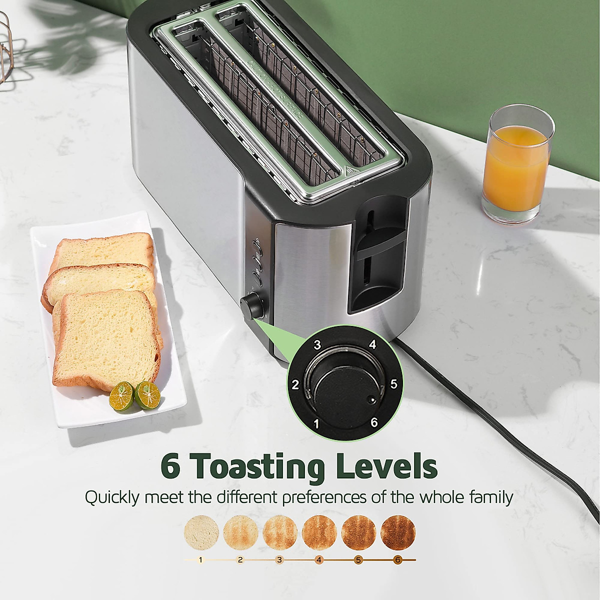 LyriFine Toaster 4 Slice, Long Slot 2 Slice Toaster for Artisan Sourdough Breads, Stainless Steel Toaster with Warming Rack, Extra Wide Slots for Bagels Waffles (Silver), Extra Large 10''x1.5''