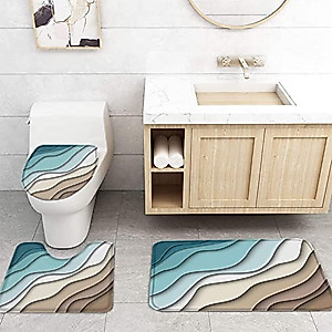 PakiInno Shower Curtain Sets 4 Piece Bathroom Decor Sets with Rugs, Ombre Abstract Geometry Gradient Teal to Brown Waterproof Shower Curtain Non-Slip Rug with Hooks for Tub-
