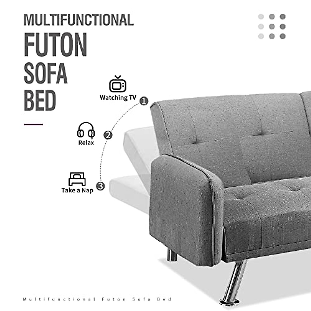 IULULU Futon Sofa Bed, Convertible Couch with 2 Cup Holders, Loveseat with Armrest for Studio, Apartment, Office, Living Room, Light Grey