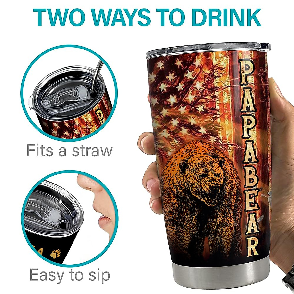 SANDJEST Dad Tumbler Gifts for Dad from Daughter, Son - Papabear American 20oz Stainless Steel Insulated Coffee Travel Mug Christmas, Birthday,Father's Day Gift - Papa Thermal