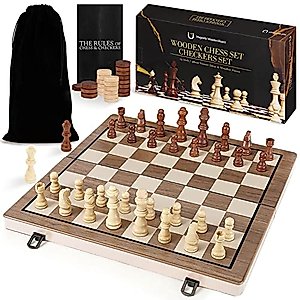 Chess Sets - 15 Inch Wooden Magnetic Chess & Checkers Set Board Game - with 2 Extra Queen Pieces - Chess Sets for Adults - Chess Set for Kids