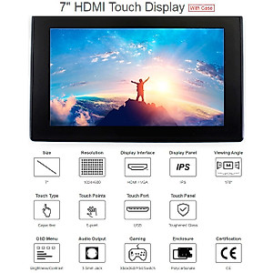 7inch HDMI LCD (H) (with case) Capacitive Touch Screen 1024x600 IPS Display Monitor with Toughened Glass Cover Support All Raspberry Pi 4B/3B+/3B/2B/Zero/Jetson Nano/Banana Pi/Windows 10/8/7