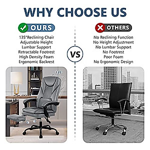 Guessky Executive Office Chair, Big and Tall Office Chair with Foot Rest Reclining Leather Chair High Back Home Office Desk Chairs with Lumbar Support Ergonomic Office Chair with Padded Armrests(Gray)