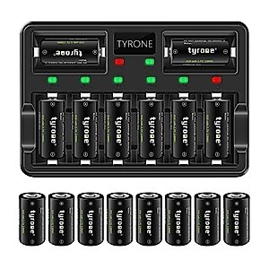 tyrone CR123A Rechargeable Batteries, 123A Lithium Battery for Arlo Camera VMC3030 VMS3330 3530 Alarm System, Flashlights 16 Pack CR 123A 3.7V 850mAh Batteries with Charger