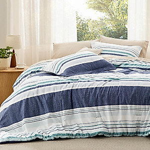 Bedsure Comforter Set Queen Size - Striped Bedding Comforter Set for Boys, 3 Pieces, 1 Soft Reversible Blue Comforter and 2 Pillow Shams