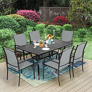 SUNCROWN 7 - Piece Outdoor Dining Set, Patio Furniture Set with 6 x Textilene Dinning Chairs and 1 Steel Slat Metal Bistro Table for Lawn Garden Backyard Deck, Grey