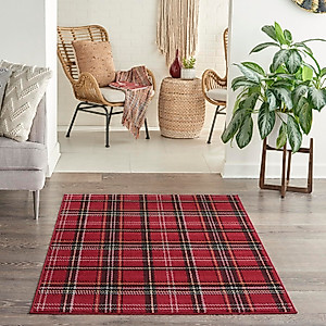 Nourison Grafix Red 3'9'' x 5'9'' Area-Rug, Modern, Plaid, Bed Room, Living Room, Dining Room, Kitchen, Easy-Cleaning, Non Shedding, (4' x 6')