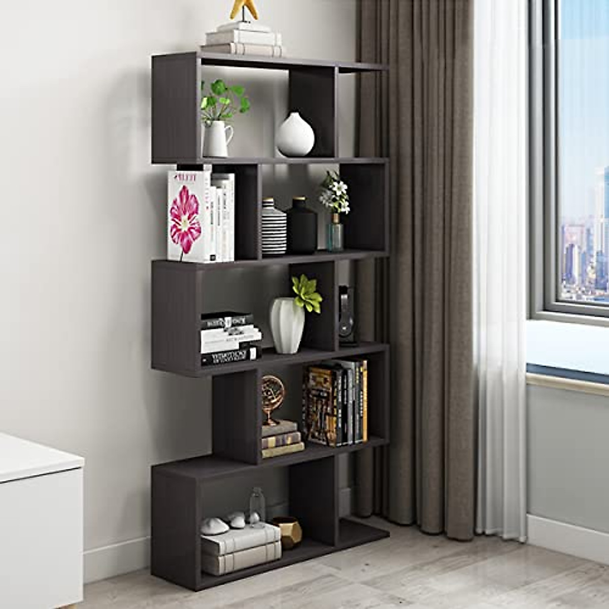 TinyTimes 5-Tier Wooden Bookcase, S-Shape Display Shelf and Room Divider, Freestanding Decorative Storage Shelving, 63'' Tall Bookshelf -Black