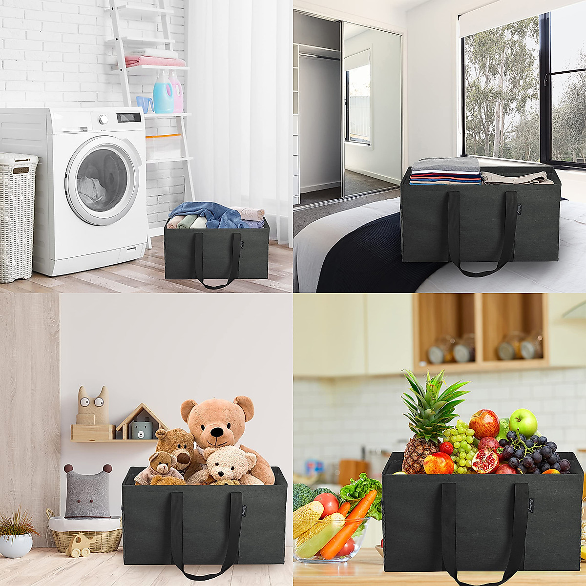 Finnhomy 42L Extra Large Utility Tote Bag, Durable Oxford Fabric Storage Bag with Handles and Pockets, Reusable Folding Grocery Bags Totes for Pool Beach Picnic Shopping Laundry, 2 Pack Charcoal Black