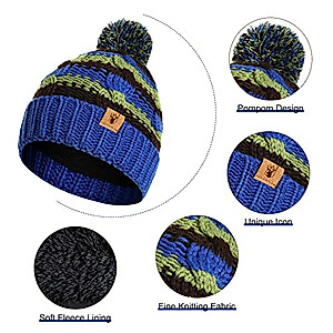 Kids Winter Pompom Beanie Hat Scarf Gloves Set for Boys&Girls Age 3-8, Fleece Lined Skull Cap Neck Warmer Mitten Set Blue