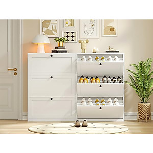 VOWNER Shoe Cabinet with 3 Flip Drawers, Freestanding Shoe Storage Cabinet with Adjustable Shelf & Anti-Tipping Device, Shoe Rack for Entryway, Hallway, Living Room (White)