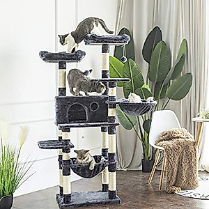Hey-brother Multi-Level Cat Tree Condo for Large Cats, Cat Tower with Scratching Board, Padded Plush Perch and Cozy Basket Smoky Gray MPJ0025G