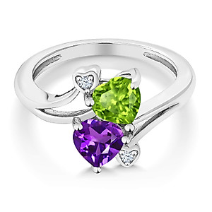 Gem Stone King 10K White Gold Purple Amethyst and Green Peridot Ring For Women (1.51 Cttw, Heart Shape 6MM, Gemstone Birthstone, Available In Size 5, 6, 7, 8, 9)