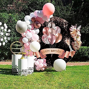 AWERT Polyester Diameter 7ft Round Happy Birthday Photos Backdrop Rose Gold Balloons Champagne Glitter Sequins Black Photography Background Girls Princess Birthday Party Studio Photo Props