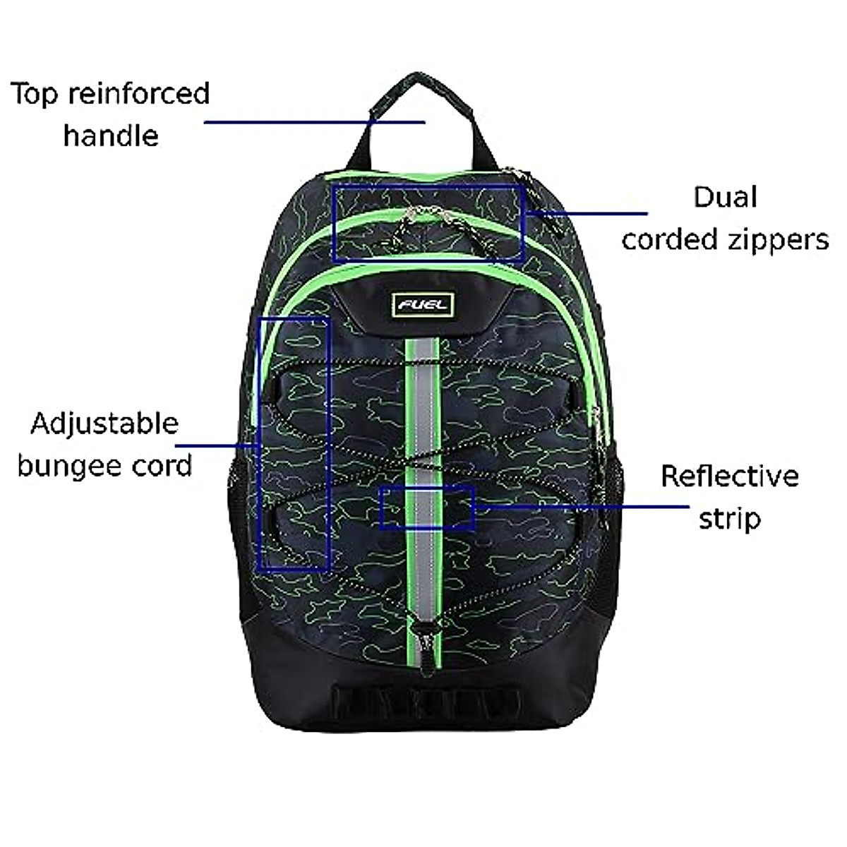 FUEL 18” Unisex Backpack Terra Sport Spacious Dual Compartment w/Laptop Sleeve and Bungee for Travel, College, Work - Neon Outline Camo