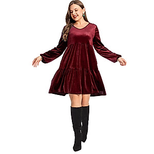 EORANF Womens Plus Size Velvet Dress Long Sleeve Christmas High Waist Dresses Ruched V Neck Tea Party Dress Wine Red 3XL
