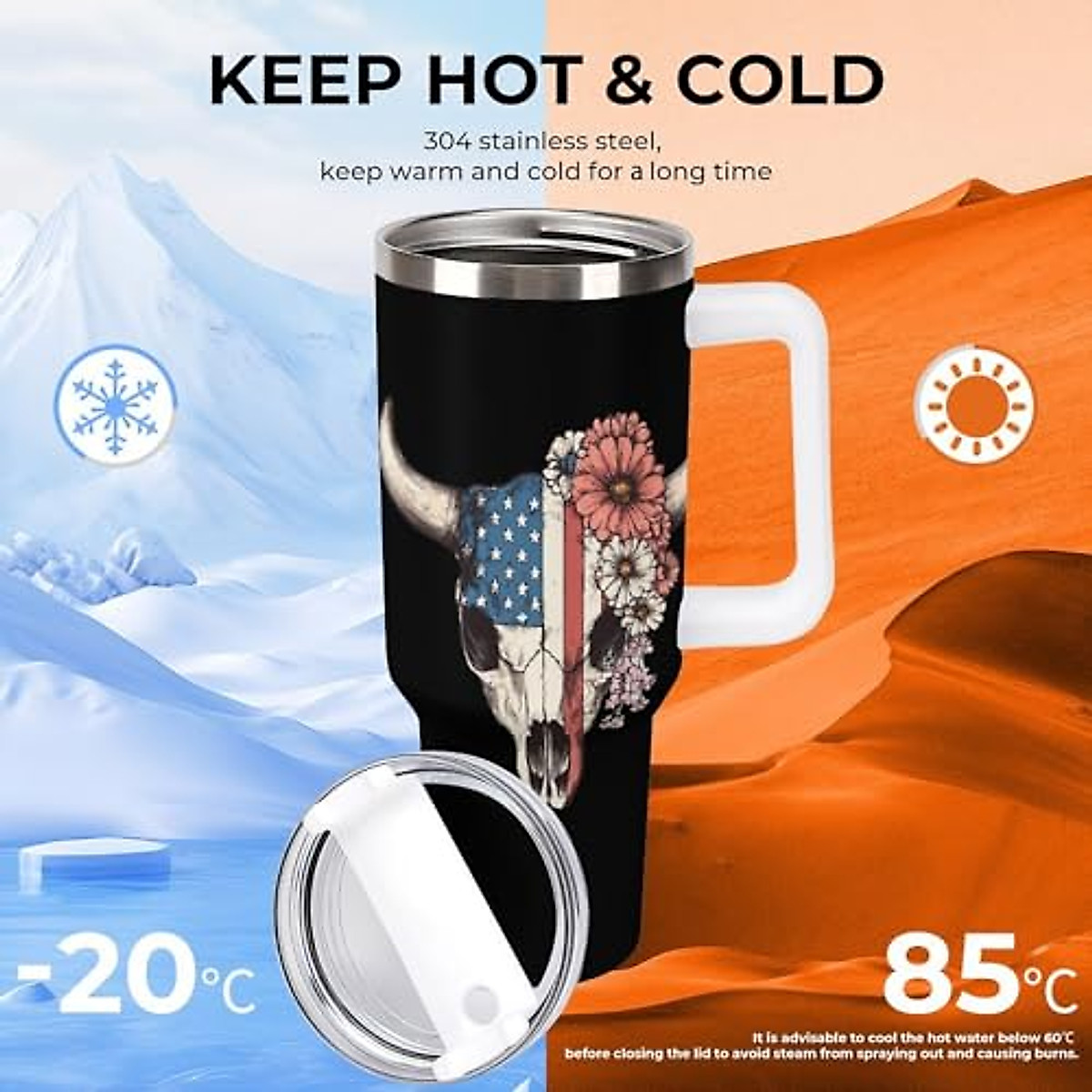 U.S Flag Cow Skull Tumbler with Handle Travel Mug Water Bottle Tea Coffee Cup White-style