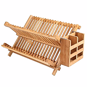 Lawei Bamboo Dish Drying Rack with Utensil Holder - Collapsible Dish Drainer Foldable Dish Rack Bamboo Plate Rack for Plates, Cups, Mugs, Utensil, Flatwares