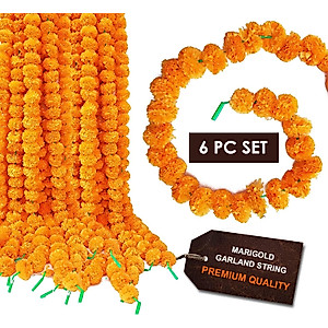 SATVIK 6 PC (5feet/60 inch) Artificial Marigold Flowers Garland for Puja Indian/American Indoor/Outdoor Party Decoration for Diwali, Christmas, Wedding, Halloween, Mantle, Spring Bush Faux Orange