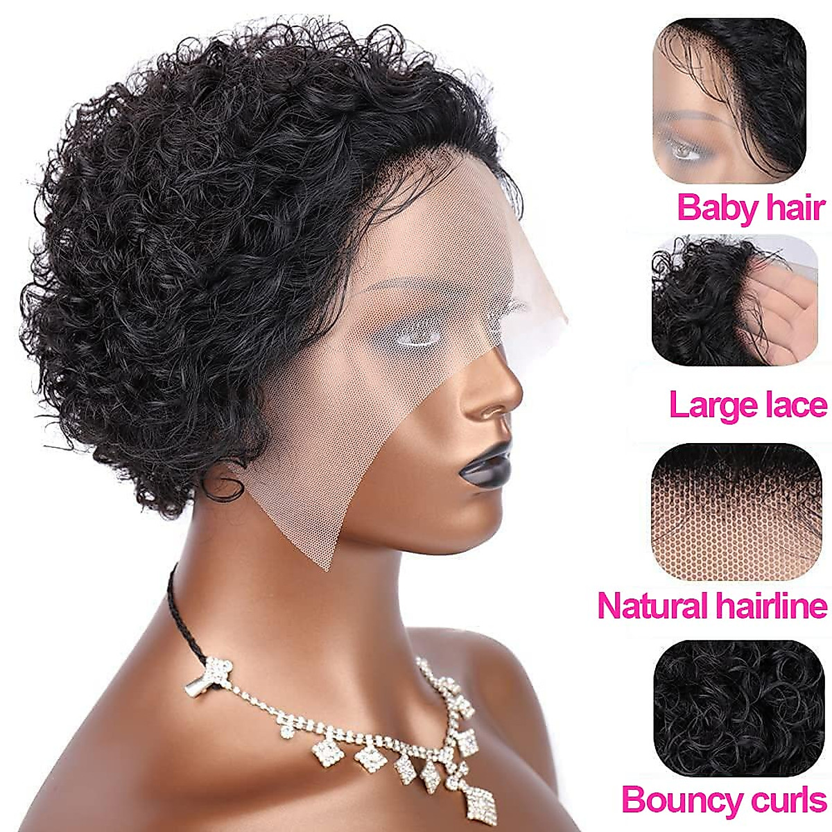 BAIHONG 6 inch Lace Front Pixie Cut Wig With Short Curly Human Hair - 13X1 HD Lace, Plucked and Bleached Knots - For Black Women