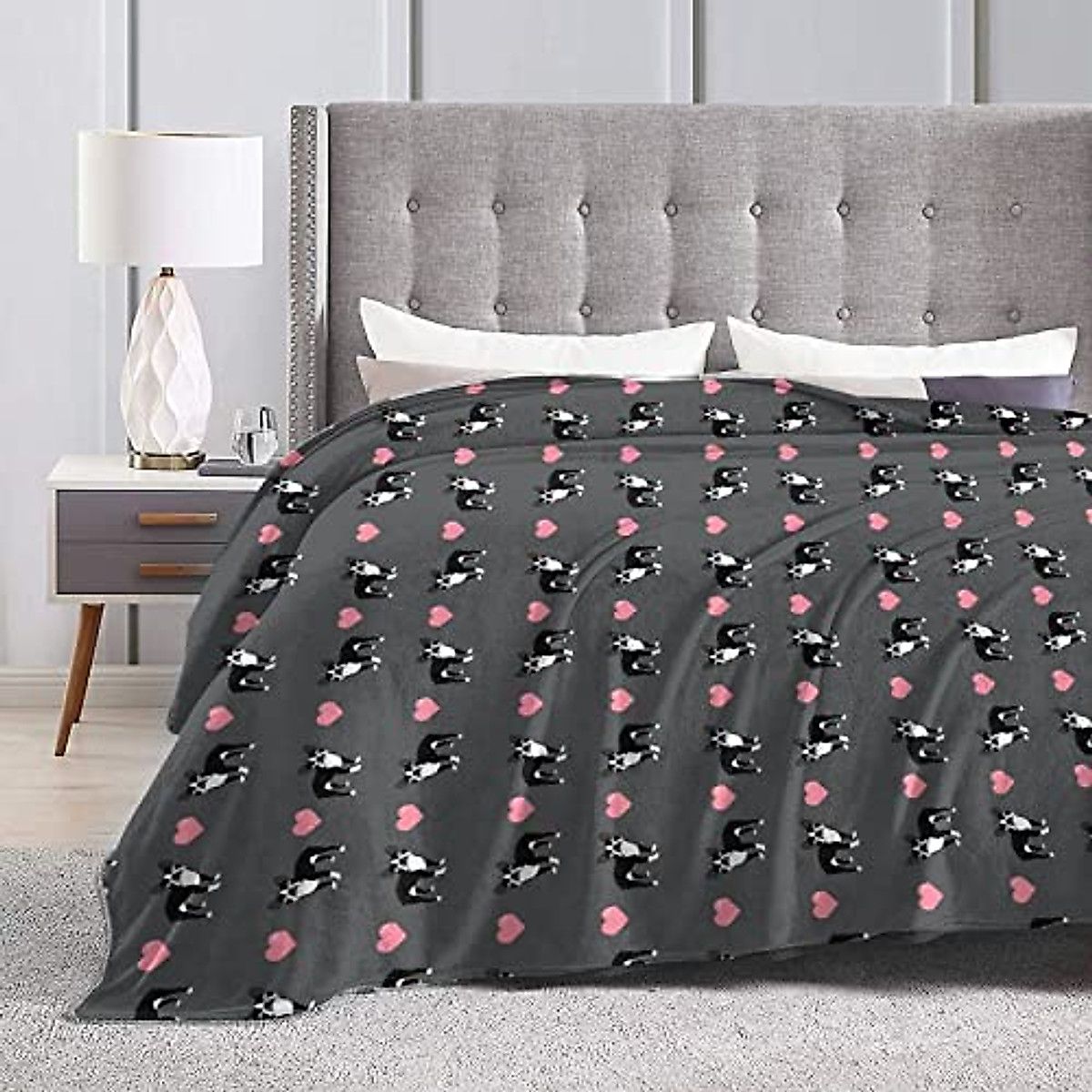 Boston Terrier Love Hearts Gray Throw Blanket Soft Lightweight Flannel Blanket Fuzzy Sofa Fleece Blanket for Use in Bed Living Room Home Beachh Couch Travel 50"x40" for Kid Baby