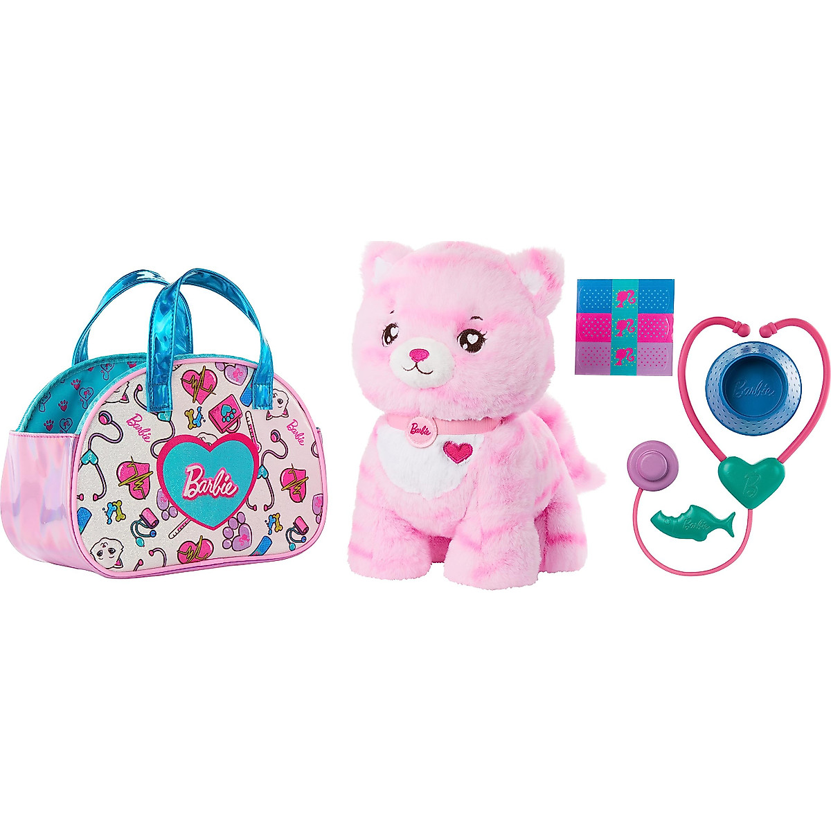 Barbie Stuffed Animals, Pink Kitten with Vet-Themed Purse Playset and 6 Accessories, Plush with Lights and Sounds, Doctor Pet Adventure