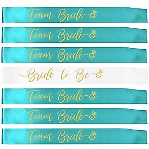 SKJIAYEE 7pcs Bachelorette Party Bride Sashes Set- White Gold Letters Bride to be Sash and Team Bride Sashes for Bachelorette Party Decorations-Bridal Shower Party Favors Gift (White+Teal)