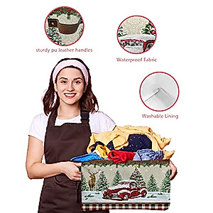 Christmas Storage Bins, Christmas Truck Xmas Tree Elk Snowflake Red Green Plaid Storage Baskets for Organizing Closet Shelves Clothes Decorative Fabric Baskets Large Storage Cubes with Handles
