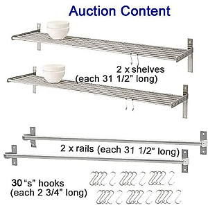 QQOUTLET Stainless Steel Kitchen Organizer Set 31.5" for Hanging Pots and Pans Set and Lid Organizer, Silver (2X Shelf, 2X Rail, 30 Hooks)