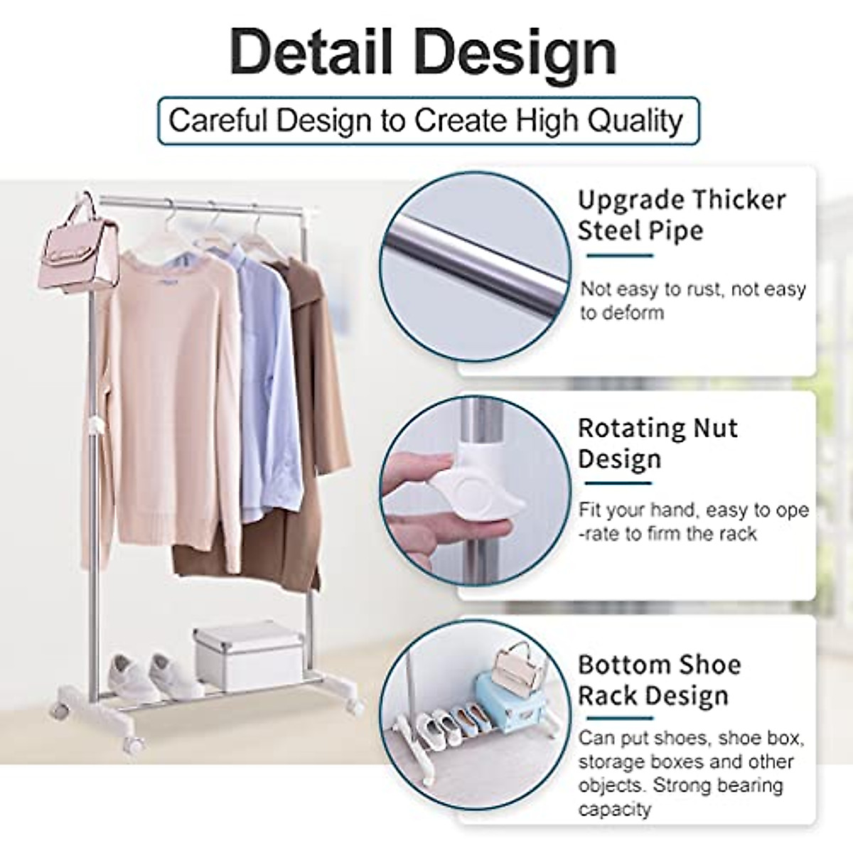 BAOYOUNI Single Rod Clothing Garment Rack on Wheels Metal Rolling Clothes Display Hanging Rail Coat Stand Storage Holder Organizer, Height Adjustable (Ivory)