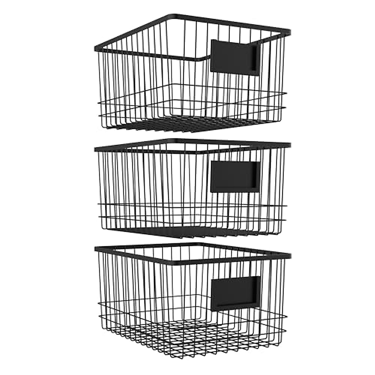 Oceanstar Metal Wire Organizer Bin Basket with Card Holder, Set of 3, Black, WBH1903