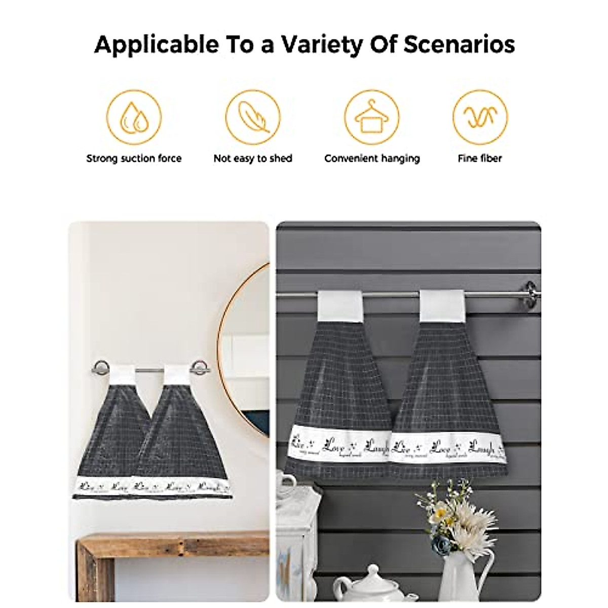2 Pack Hanging Kitchen Hand Towels, Live Love Laugh Grey Hand Tie Towels with Hanging Loop, Gray Checkered Wall Art Modern Soft Absorbent Towels Set for Bathroom and Kitchen