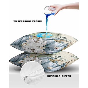 MUSWEDSEP Outdoor Pillow Covers Pack of 2,Fall Thanksgiving Pumpkin Green Blue Farm Plants Waterproof Throw Pillow Cover Decorative Cushion Case for Patio Garden Couch Sofa,Retro Letter Pillowcase