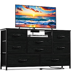Furnulem Dresser TV Stand with Power Outlet for 55'' Long TV, Entertainment Center with 8 Deep Drawers,Wide Chest of Drawer for Storage in Bedroom,Closet,Living Room,Hallway(Black Oak)