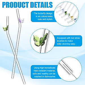 eBoot 6 Pcs Reusable Glass Straws Bent with Design, 8 mm x 7.9 in Colorful Clear Straws Glass with Cleaning Brush for Smoothie Cocktail Juice Shakes Beverages (Bright Colors, Butterfly)