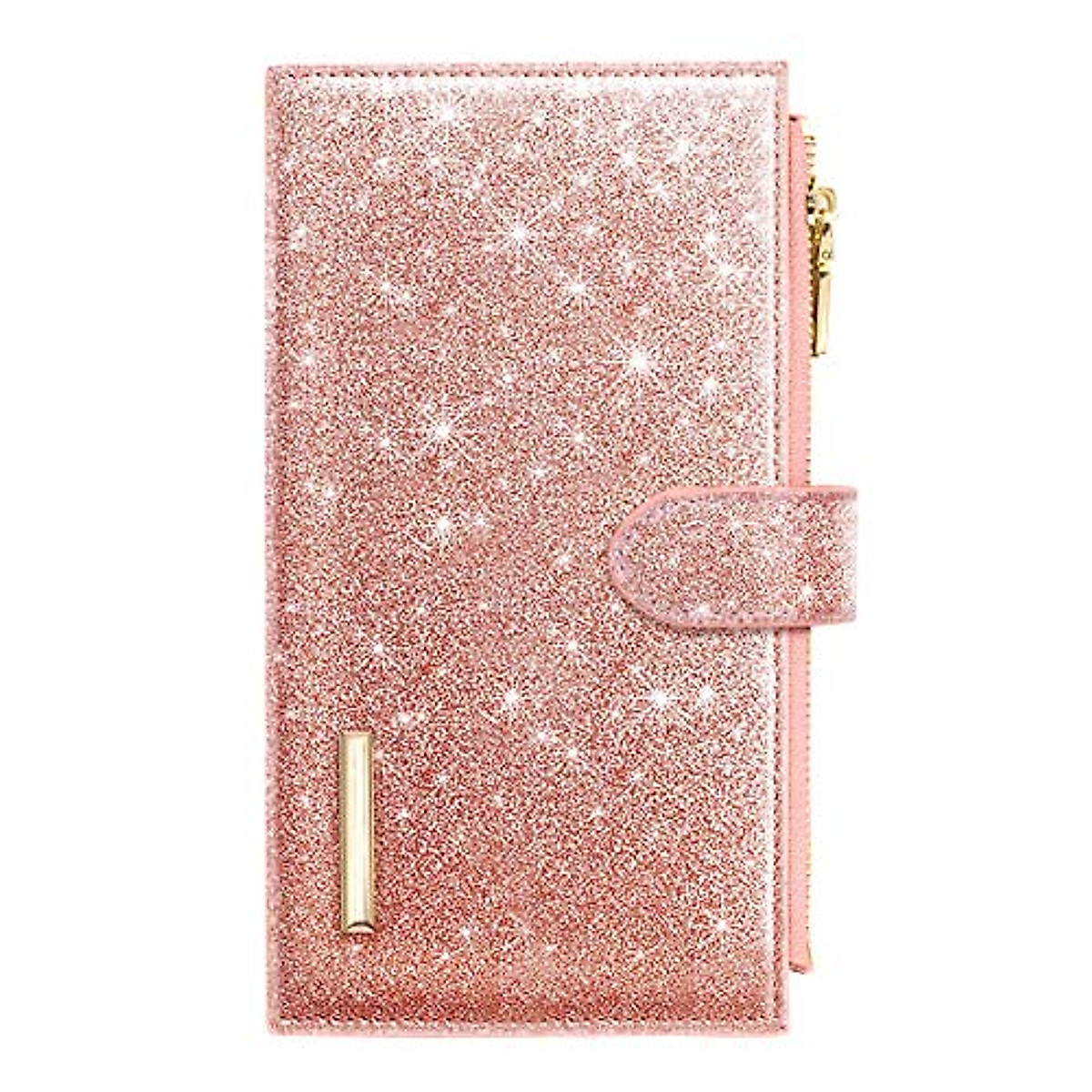 Womens RFID Blocking Pink Glitter Leather Multi Card Organizer Bifold Pink Wallet with Zipper Pocket,Rose Gold