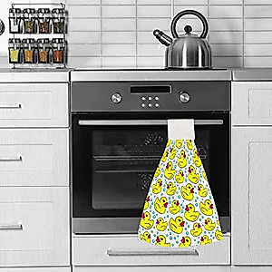 Kitchen Hanging Hand Towels Yellow Ducks Bubbles Children Bathroom Soft Hanging Tie Towel with Loop Super Absorbent Machine Washable,1 Piece