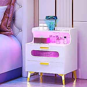 Dystler Nightstand with Wireless Charging Station RGB Smart Night Stand with Human Sensor Design Bedside Table with 2 Drawers LED Modern end Table for Bedroom Livingroom, White
