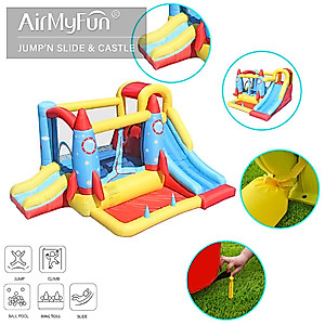 AirMyFun Inflatable Bounce House,Bouncy Castle with Air Blower,Play House with Ball Pit,Inflatable Kids Slide,Jumping Castle with Carry Bag(Rocket Theme)