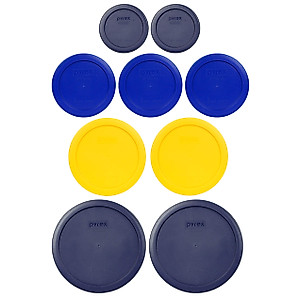 Pyrex (2) 7402-PC 6/7 Cup Blue (2) 7201-PC 4 Cup Meyer Yellow (3) 7200-PC 2 Cup Cadet Blue (2) 7202-PC 1 Cup Blue Replacement Food Storage Lids Made in the USA