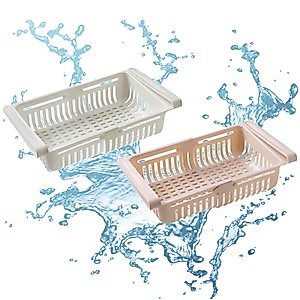 2Pcs Fridge Drawer Organizer, Retractable Drawer Refrigerator Storage Box, Upgraded Pull Out Bins, Classifiable Fridge Shelf Holder Storage Box - Fit for Fridge Shelf Under 0.5 inch (White+Beige)