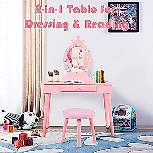 Vabches Kids Vanity Set with Mirror and Stool, Children Makeup Dressing Table with Lights, Princess Vanity Table for Toddlers, Pink