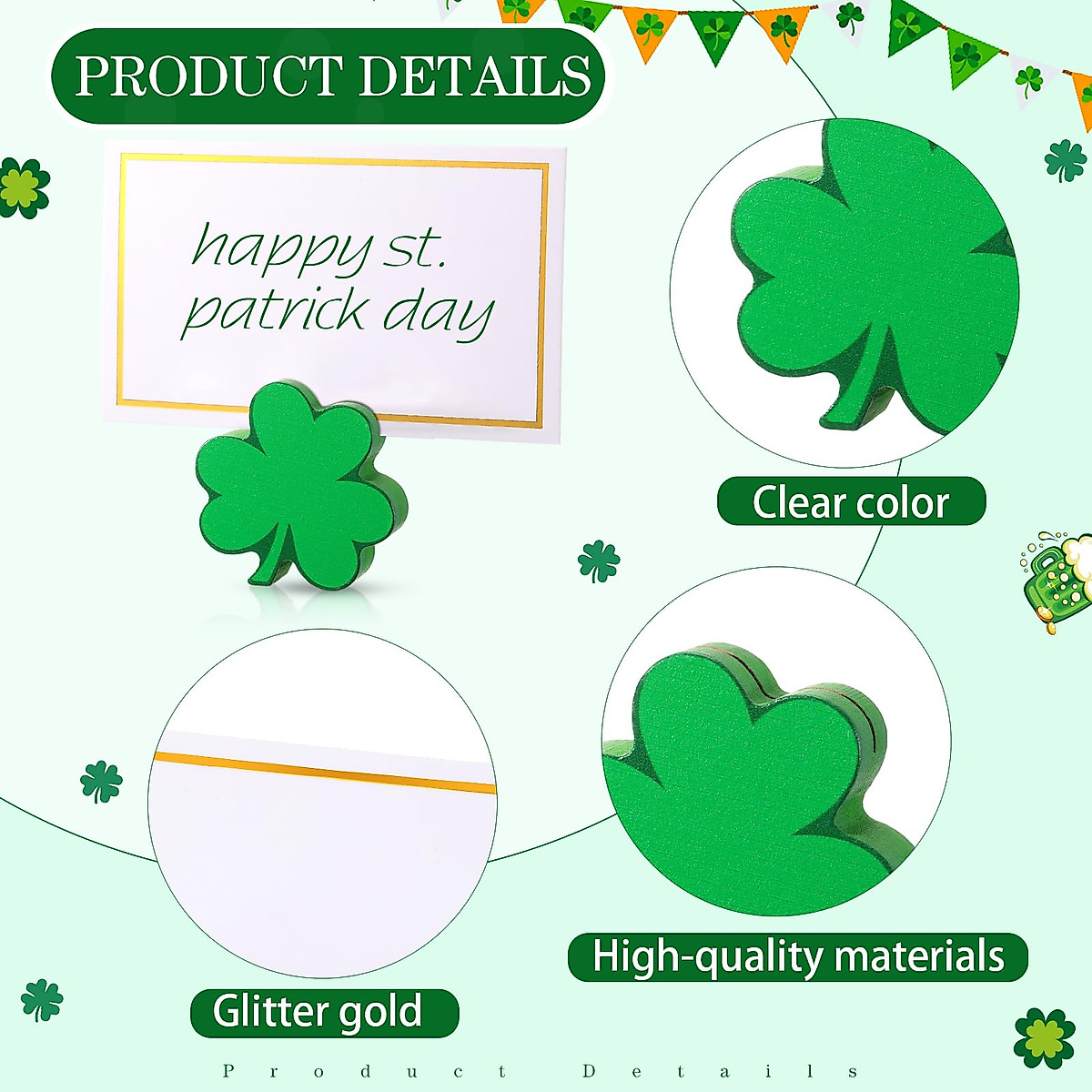 Kigley 18 Pcs St. Patrick Wooden Place Card Holder and 25 Pcs Gold Foil White Card Shamrock Wooden Table Sign Picture Number Sign Stands Holder for Spring Wedding Party Events