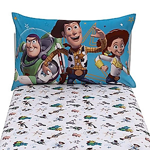 Disney Toy Story It's Play Time Blue, Green, and White, Woody and Buzz 2 Piece Toddler Sheet Set - Fitted Bottom Sheet and Reversible Pillowcase